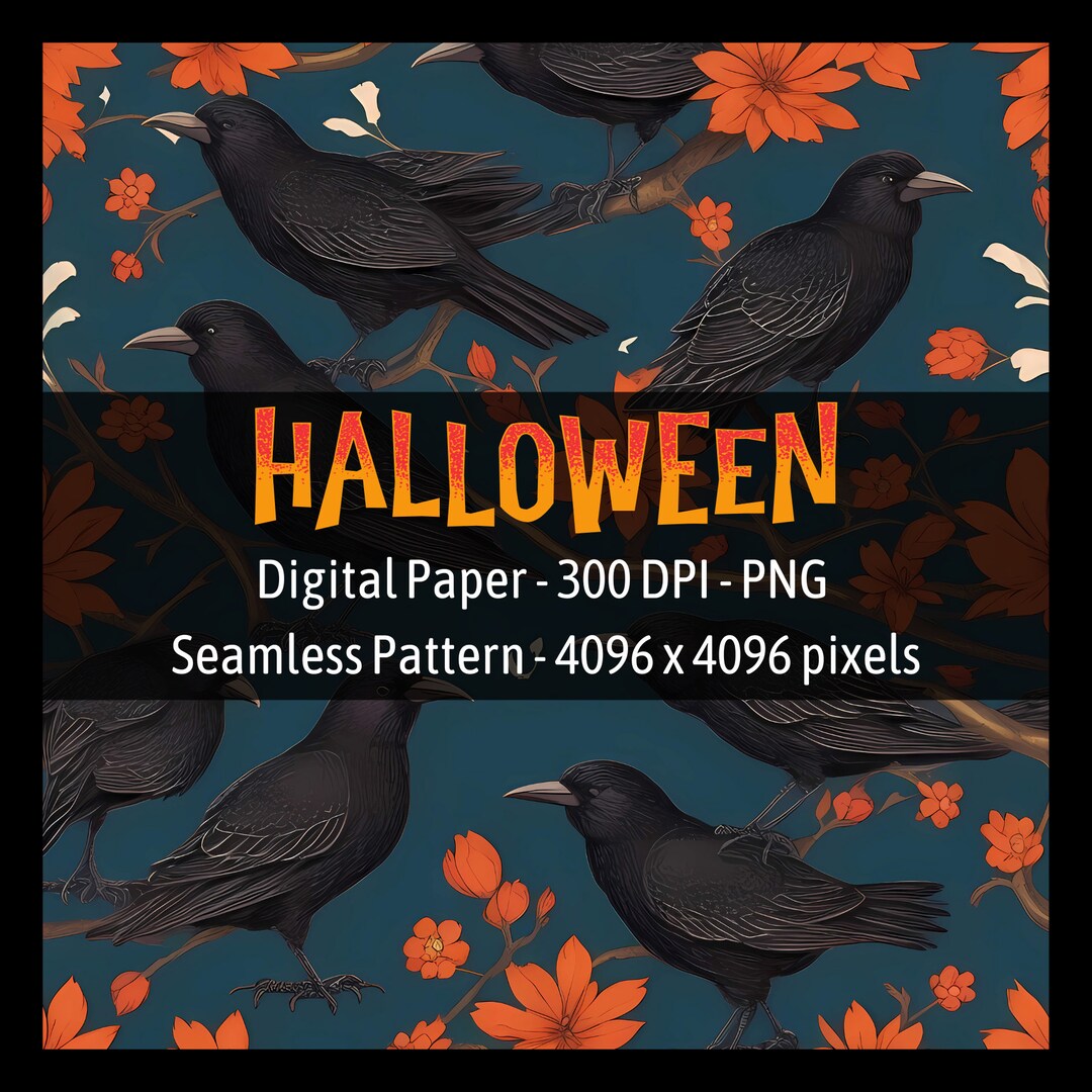 Halloween Fall Raven Digital Paper Seamless Pattern Spooky Printable ...