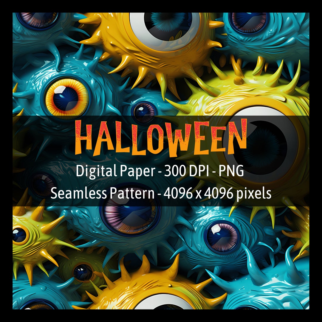 Halloween Creepy Eye Monster Kawaii Digital Paper Seamless Pattern ...