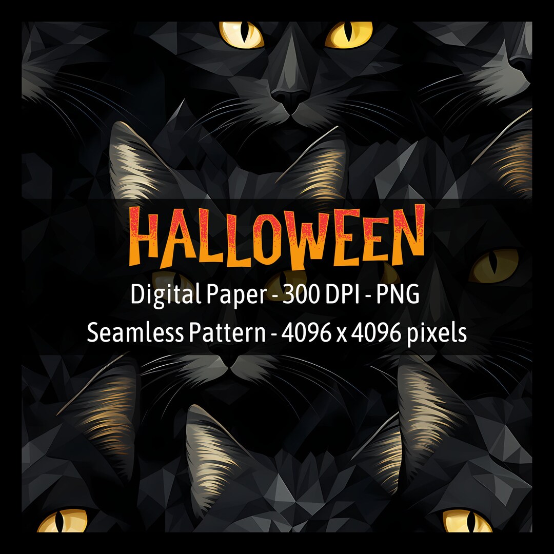 Halloween Black Cat Eyes 3D Digital Paper Seamless Pattern Spooky ...