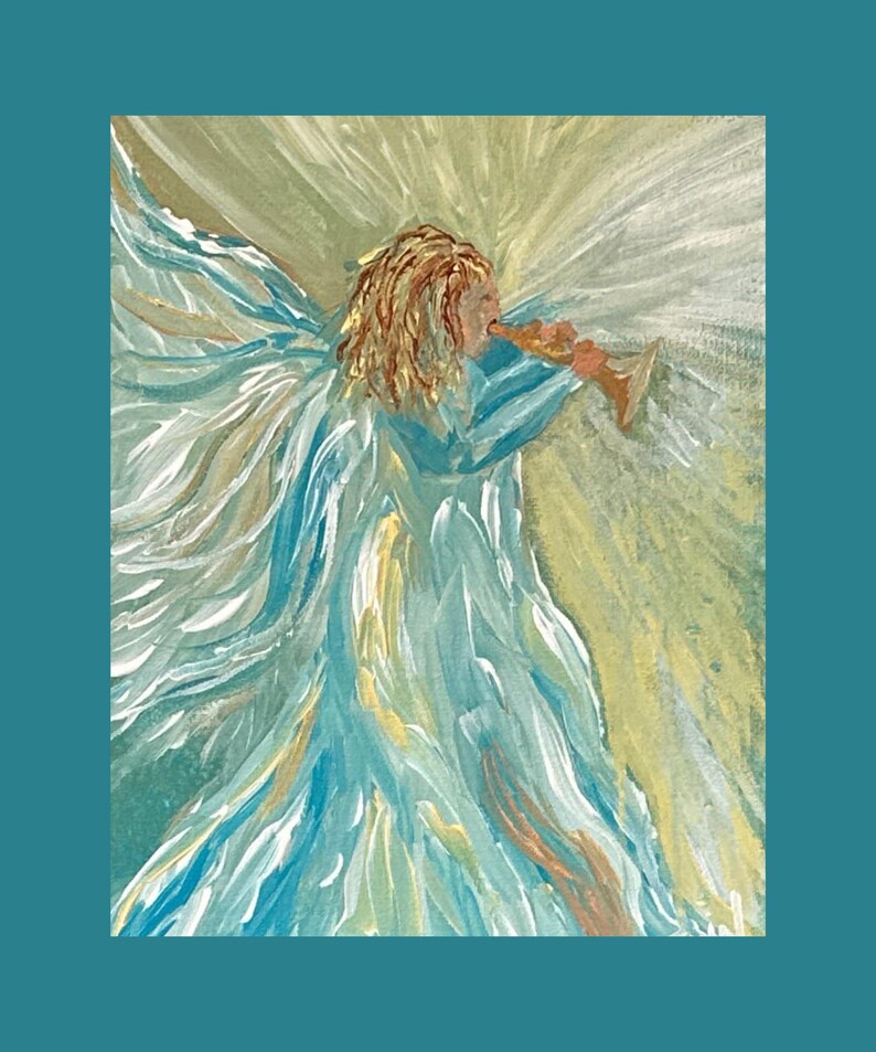 Angelic Figure With Trumpet Painting, Ethereal Angel Wall Art, Mystical ...