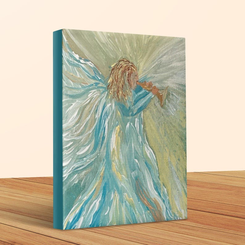 Angelic Figure With Trumpet Painting, Ethereal Angel Wall Art, Mystical ...