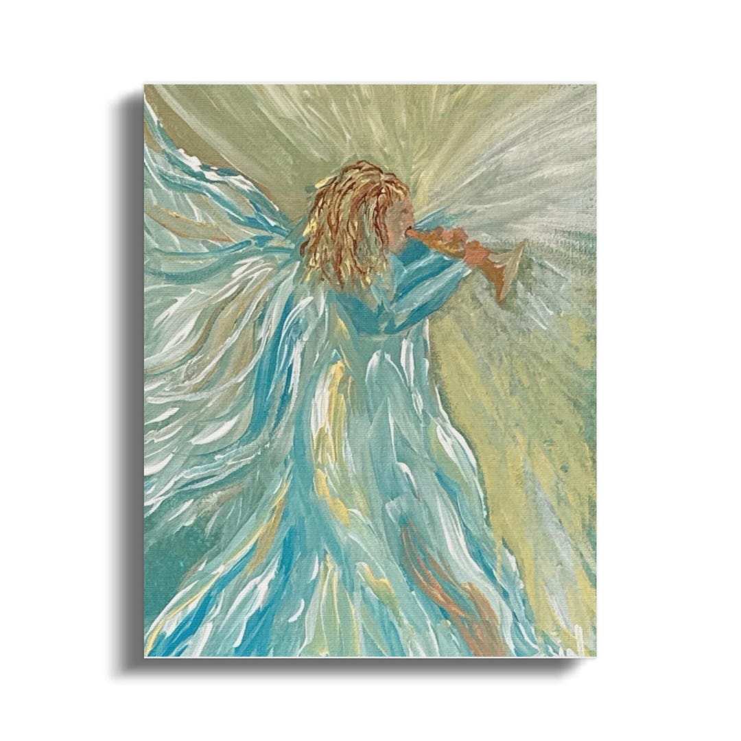 Angelic Figure With Trumpet Painting, Ethereal Angel Wall Art, Mystical ...