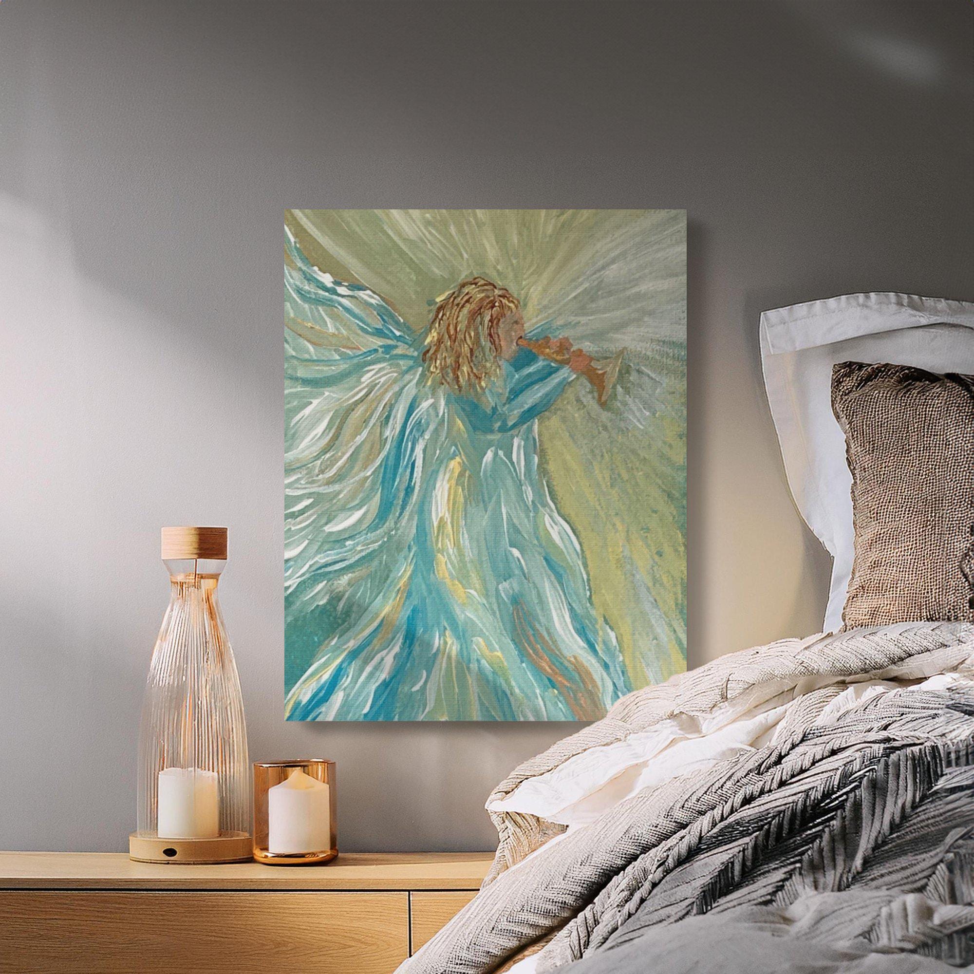 Angelic Figure With Trumpet Painting, Ethereal Angel Wall Art, Mystical ...