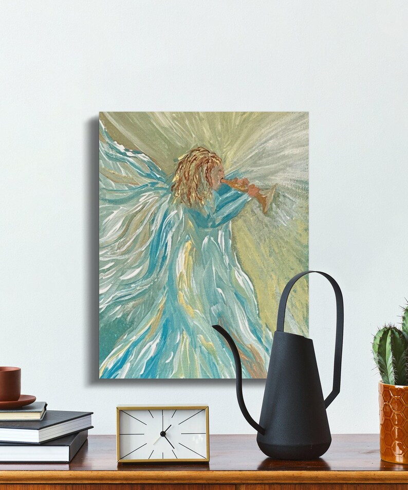 Angelic Figure With Trumpet Painting, Ethereal Angel Wall Art, Mystical ...