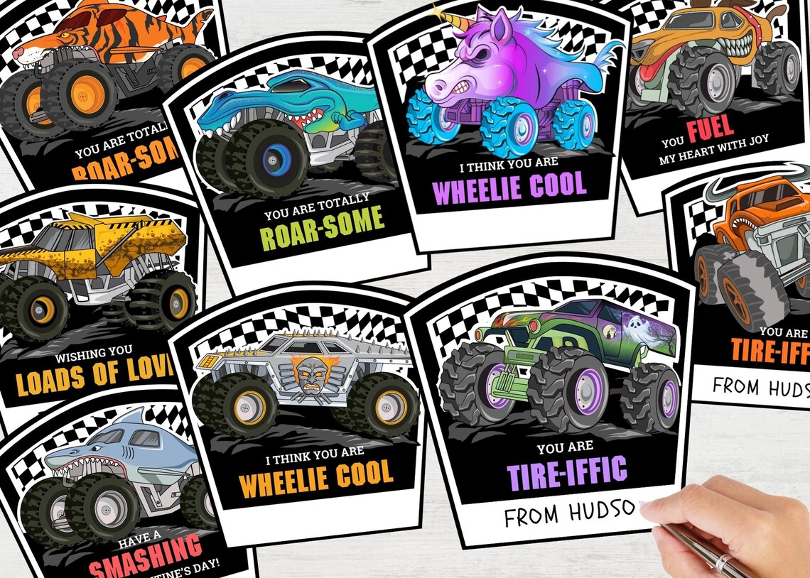 Printable Monster Truck Valentine's Day Cards, Kids Classroom Valentine ...
