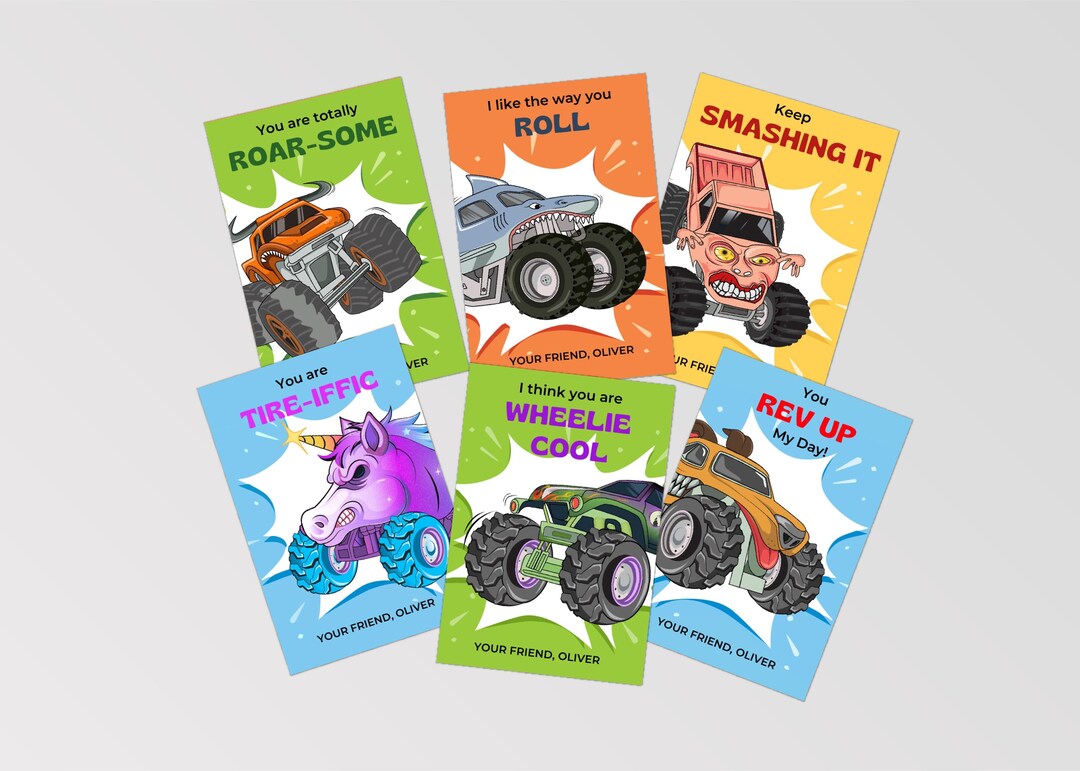 Editable Monster Trucks Valentine's Day Cards Template, Kids Printable ...