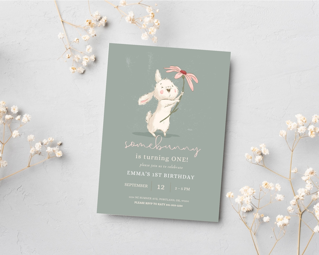 EDITABLE Cute White Bunny Birthday Invitation Template, Somebunny is ...