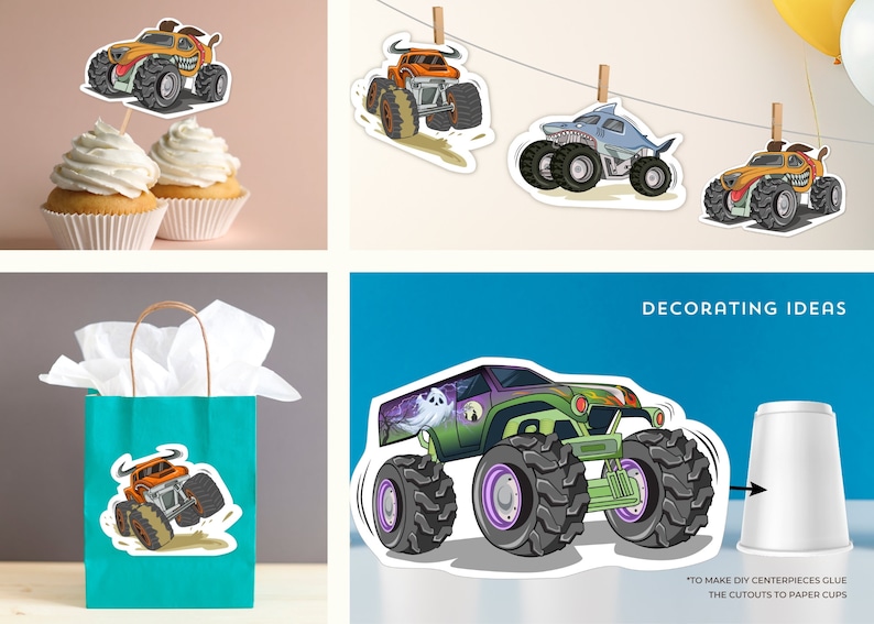 Centro de mesa IMPRIMIBLE Monster Trucks, Cumpleaños de niño, Recortes ...