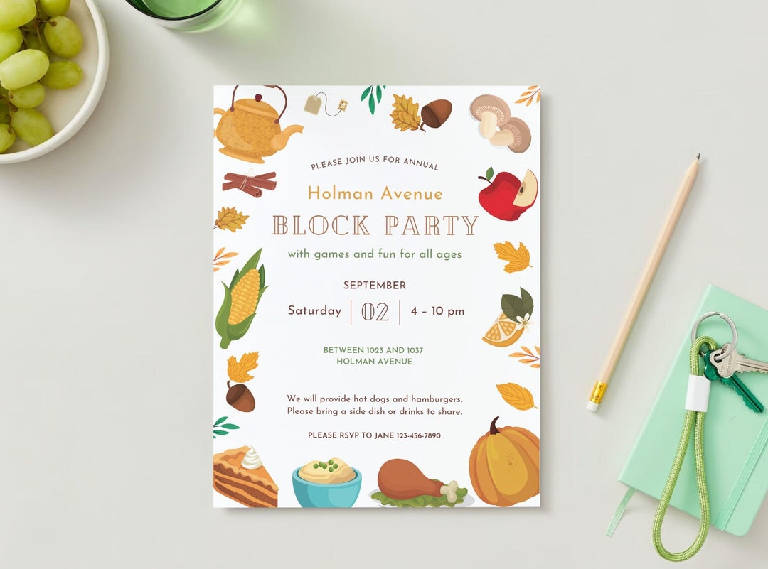 EDITABLE Neighborhood Fall Block Party Flyer, Potluck Invitation, Fall ...