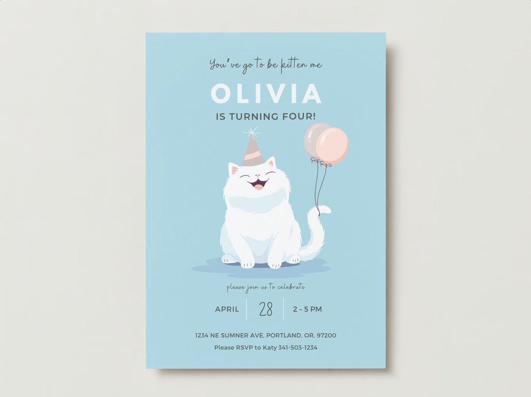 EDITABLE Kitty Cat Invitation Template White Cat Birthday - Etsy
