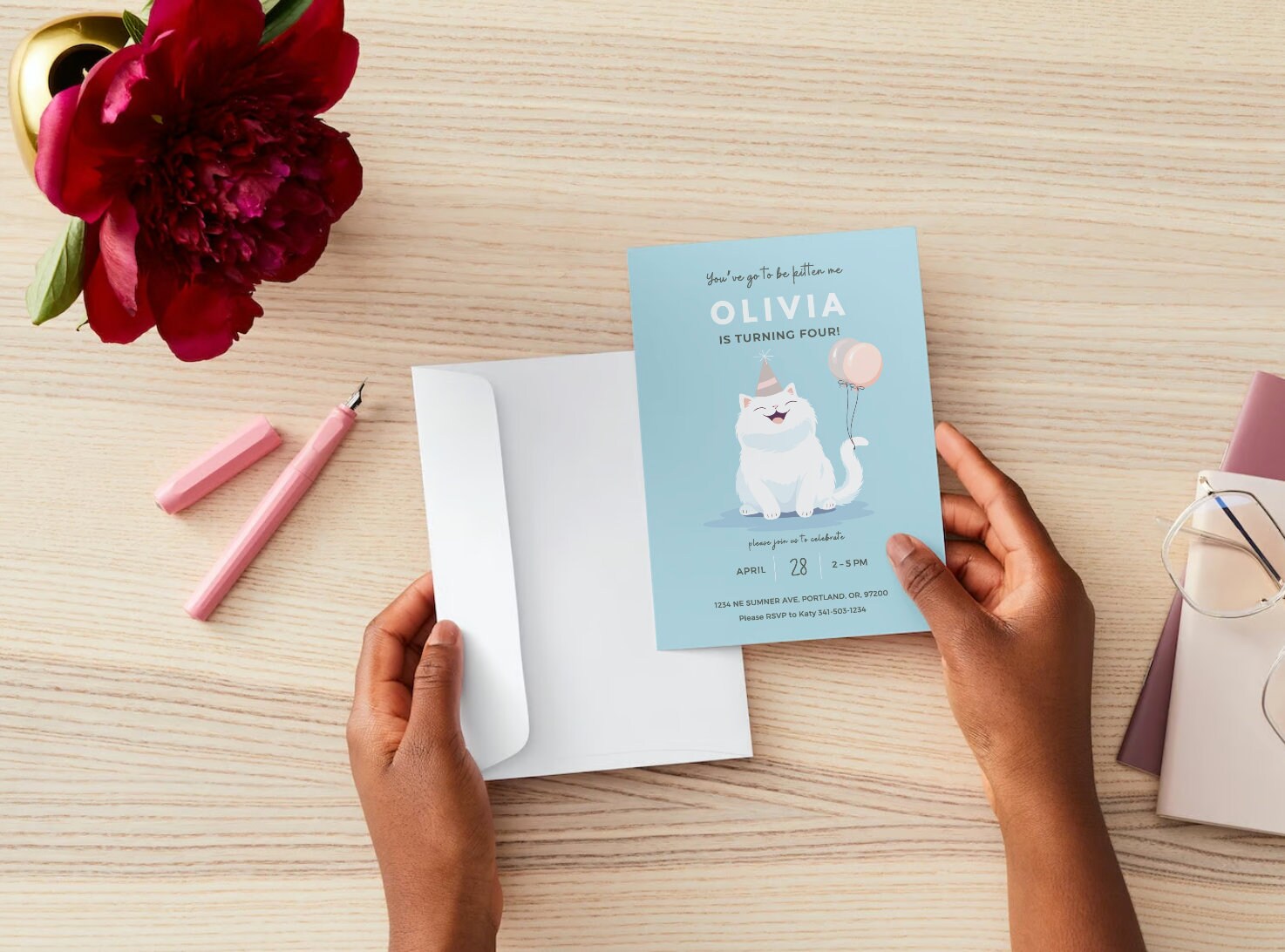 EDITABLE Kitty Cat Invitation Template White Cat Birthday Party ...