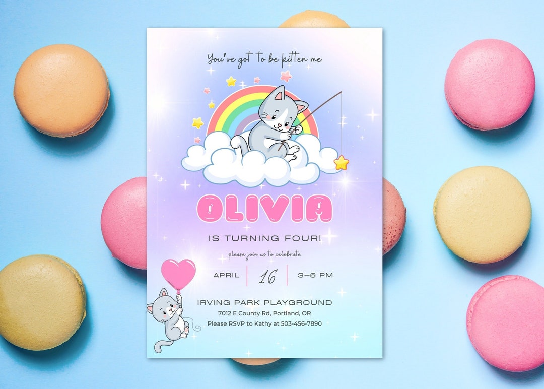 EDITABLE Cute Rainbow Cats Invitation, Kitty Cat Party, Kawaii ...