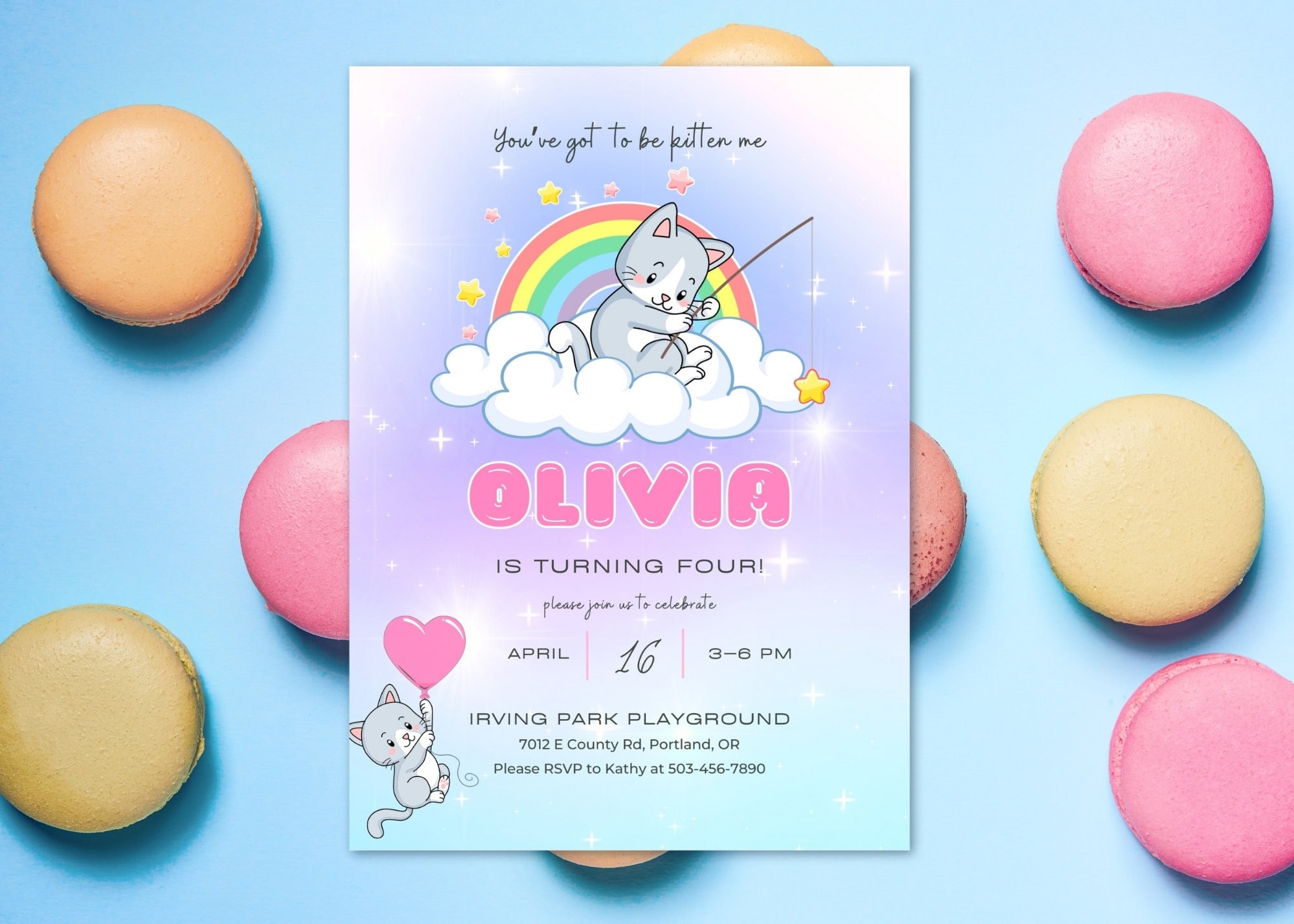 EDITABLE Cute Rainbow Cats Invitation, Kitty Cat Party, Kawaii ...