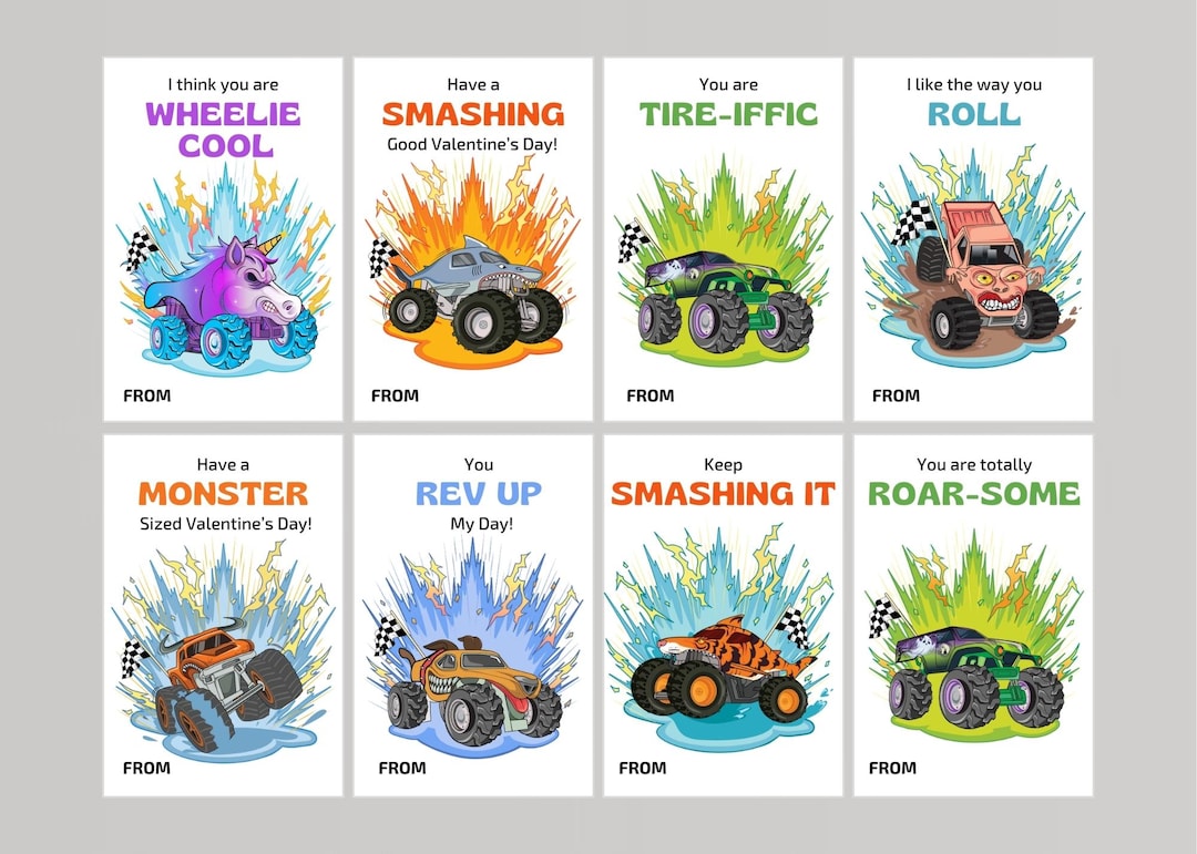 PRINTABLE Monster Truck Valentine's Day Cards, Kids Classroom Valentine ...