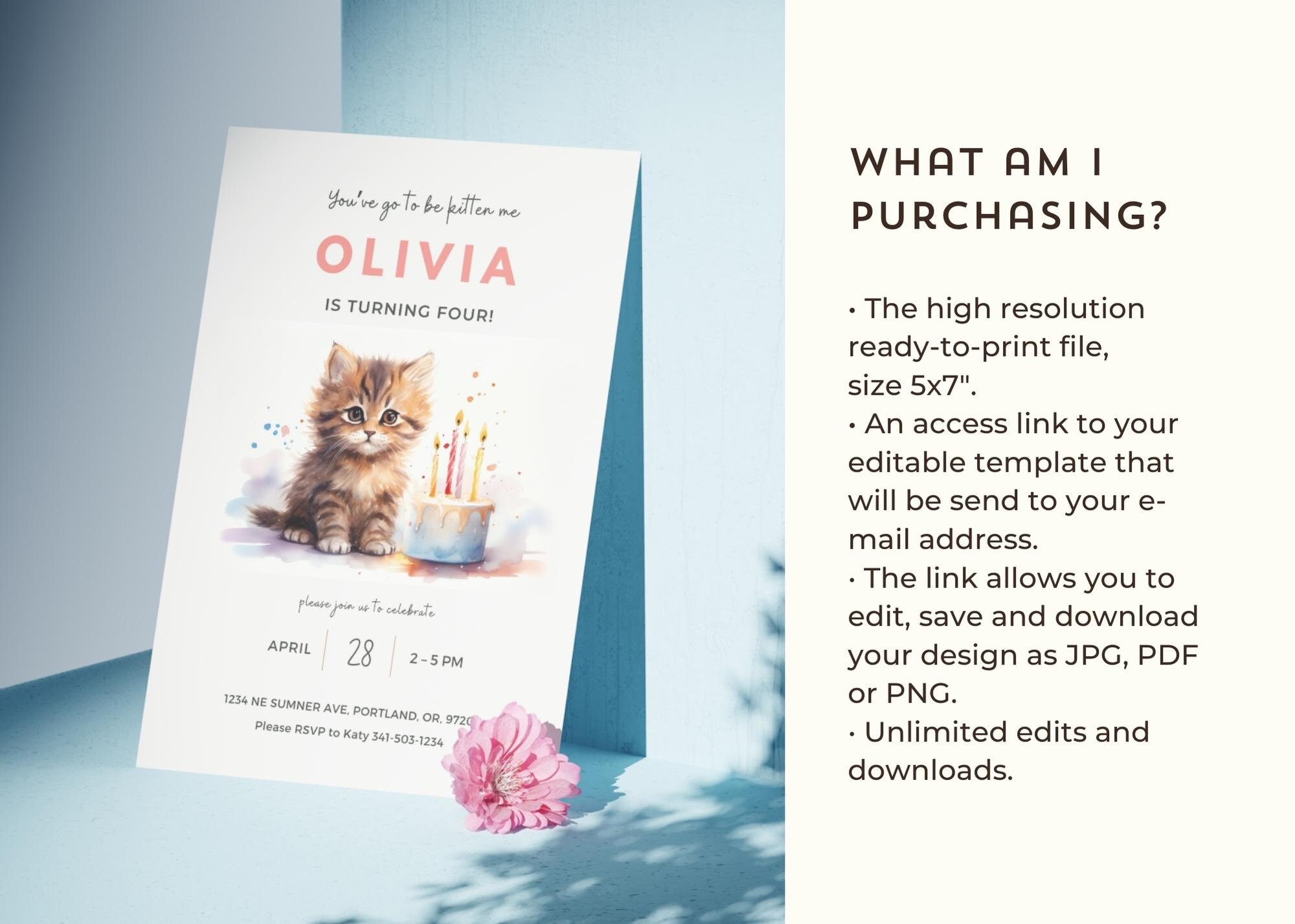 EDITABLE Cat Invitation, Cat Birthday Invite, Kitty Cat Birthday Party ...