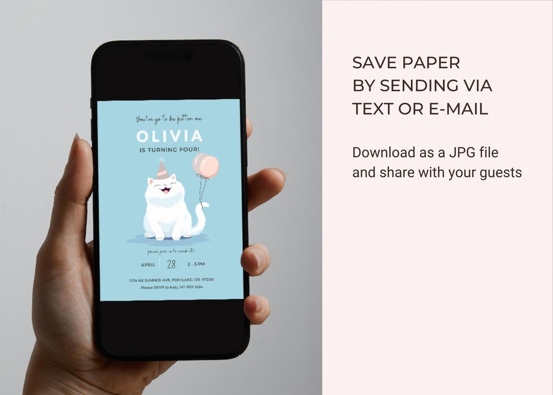 EDITABLE Kitty Cat Invitation Template White Cat Birthday - Etsy