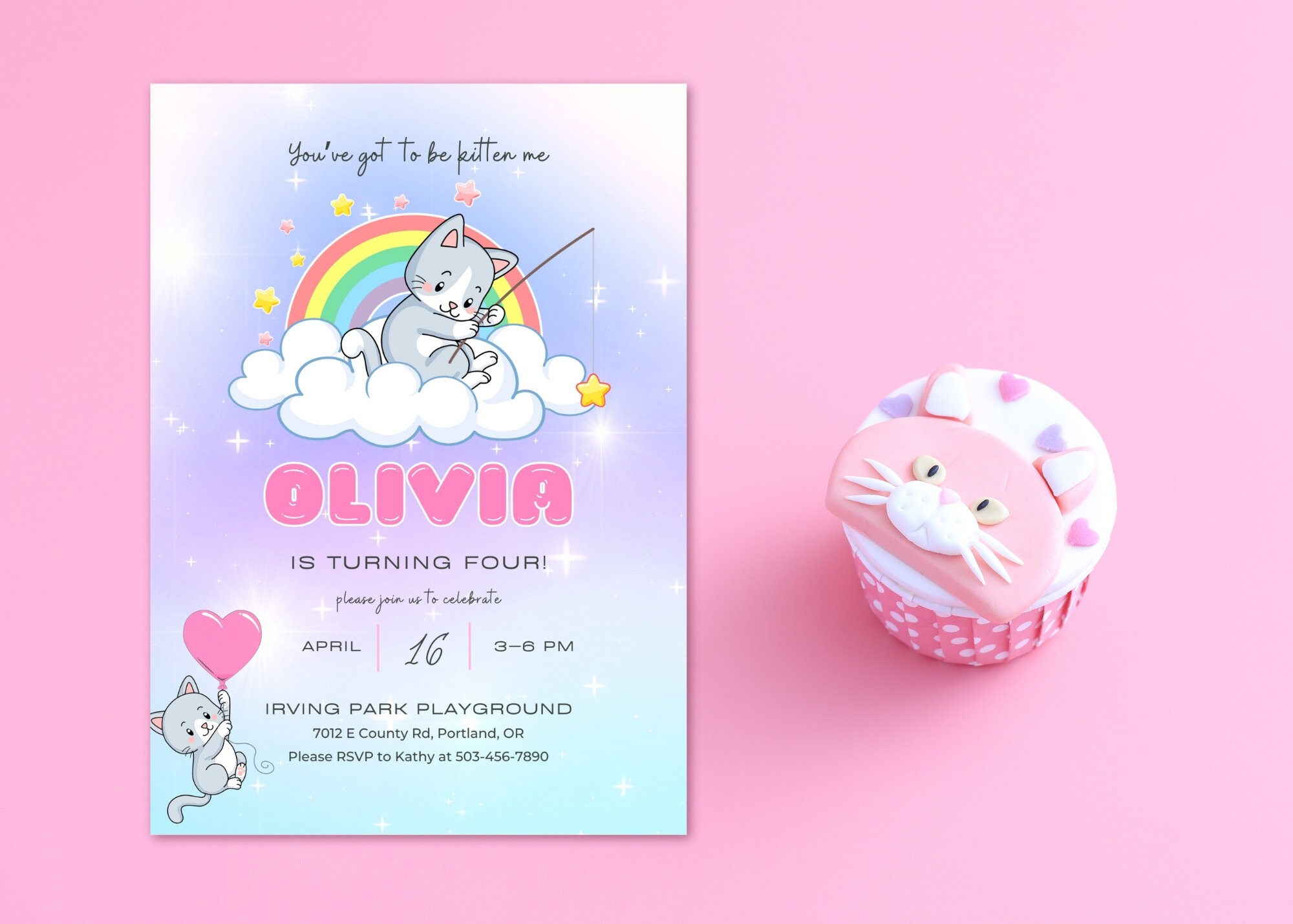 EDITABLE Cute Rainbow Cats Invitation, Kitty Cat Party, Kawaii ...