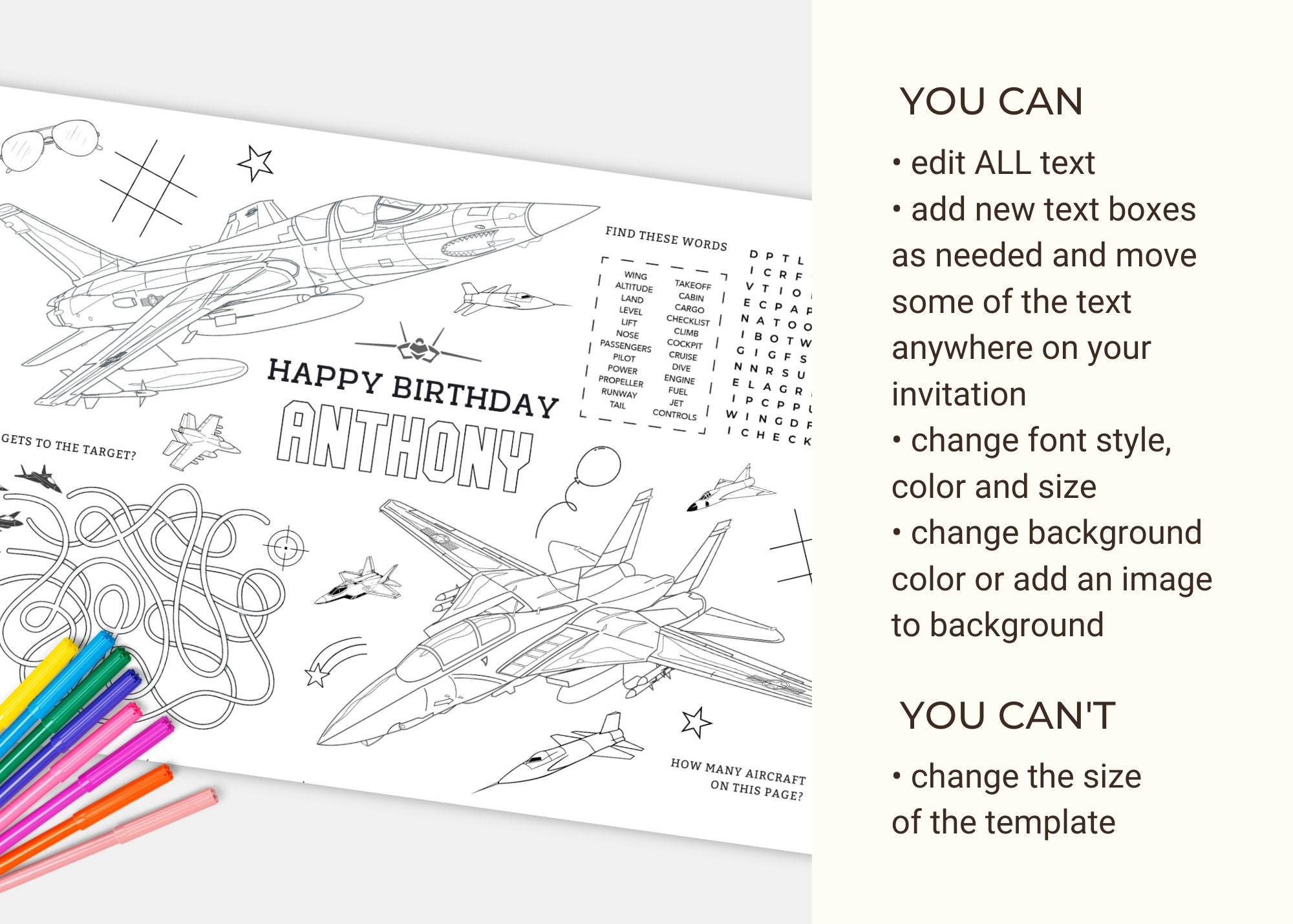 EDITABLE Top Gun Party Placemat, Boy Birthday, Fighter Aircraft Games ...