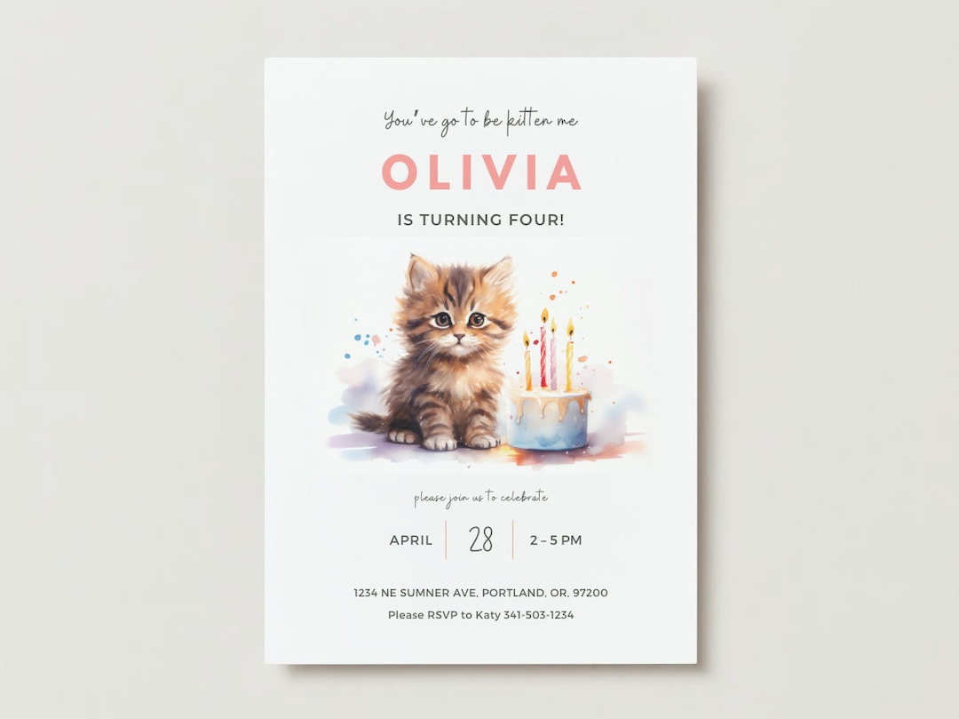 EDITABLE Cat Invitation Cat Birthday Invite Kitty Cat - Etsy