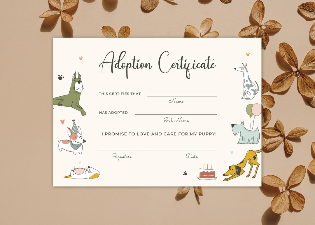 EDITABLE Adoption Certificate Template, Puppy Birthday Party, Dog Theme ...