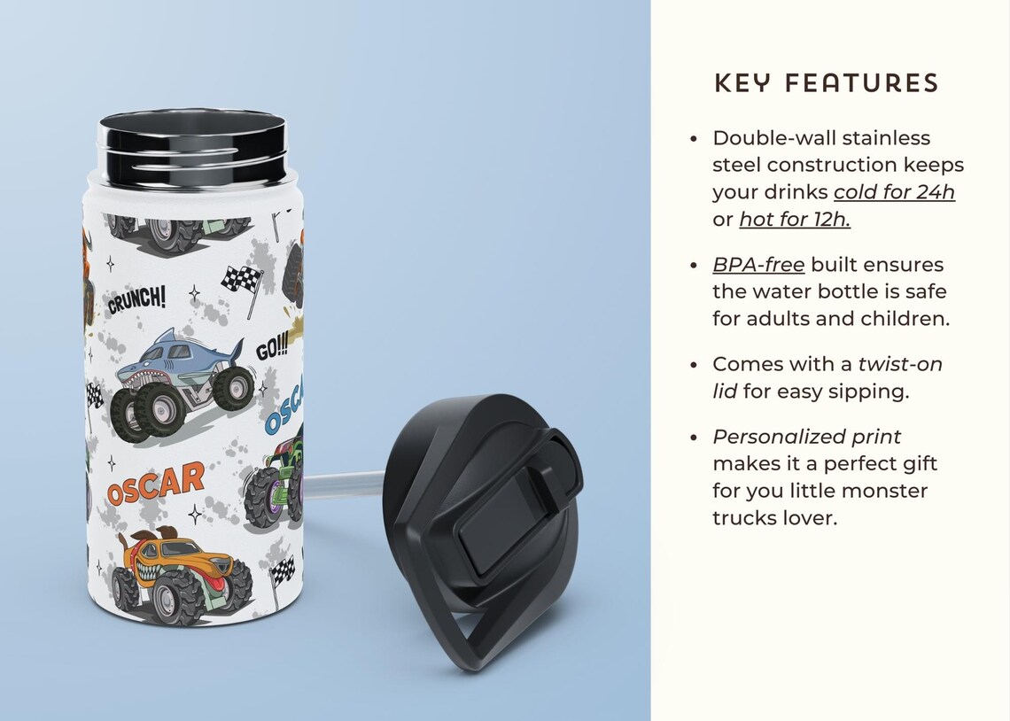 Personalized Monster Trucks Stainless Steel Water Bottle, Monster Jam ...