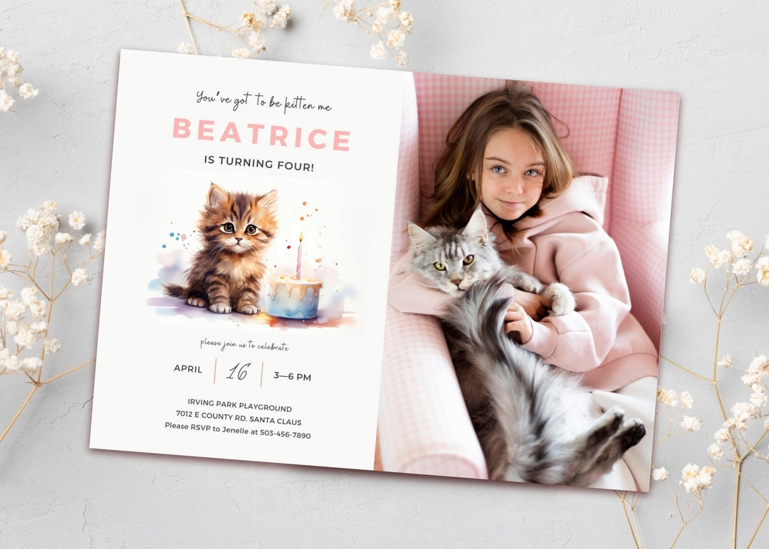 EDITABLE Cat Invitation, Custom Photo, Cat Birthday Invite, Kitty Cat ...