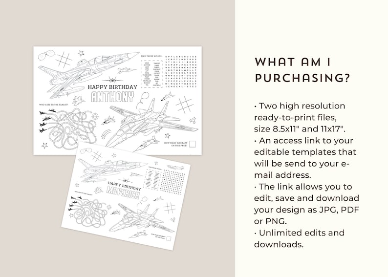 EDITABLE Top Gun Party Placemat, Boy Birthday, Fighter Aircraft Games ...