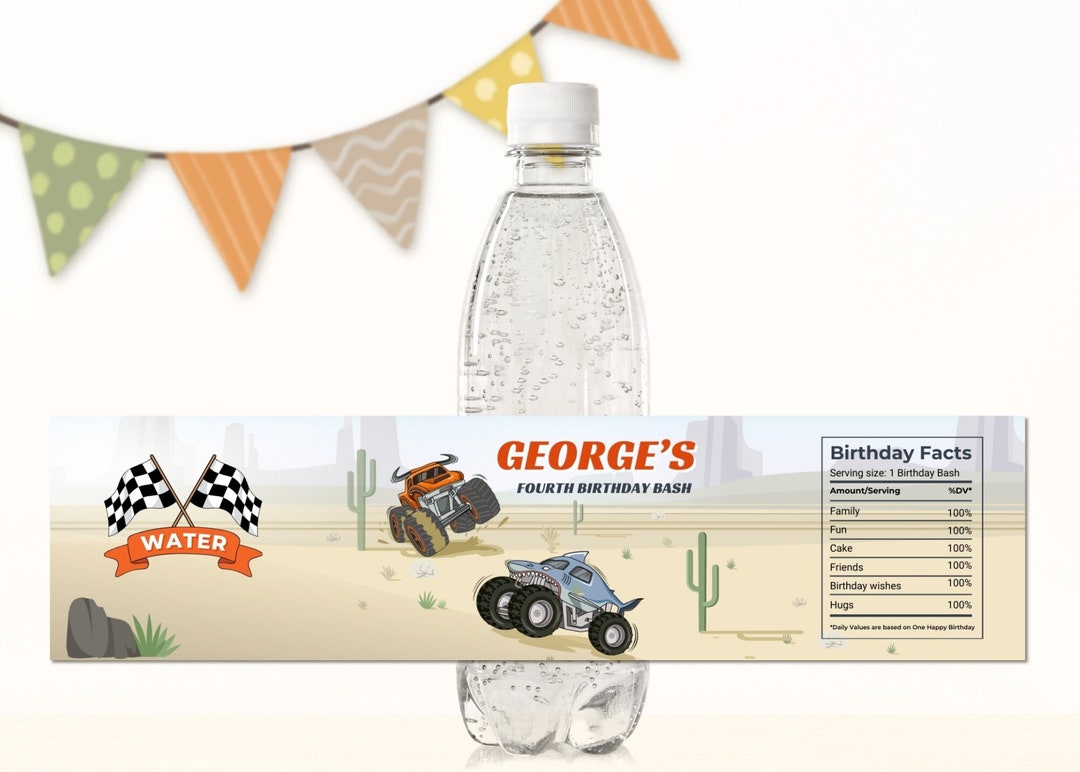 EDITABLE Monster Truck Water Bottle Wrap, DIY Water Bottle Label ...