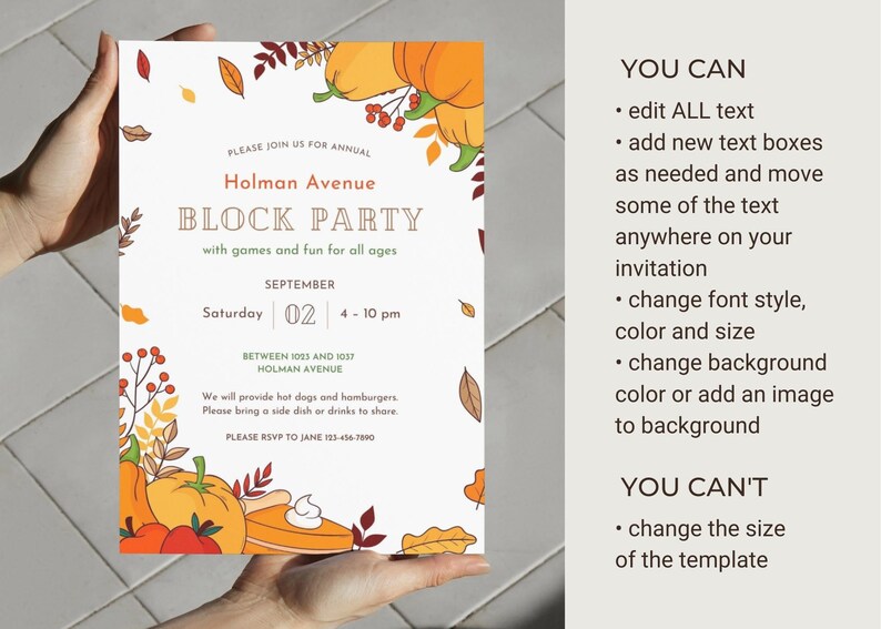 EDITABLE Neighborhood Fall Block Party Flyer, Potluck Invitation, Fall ...