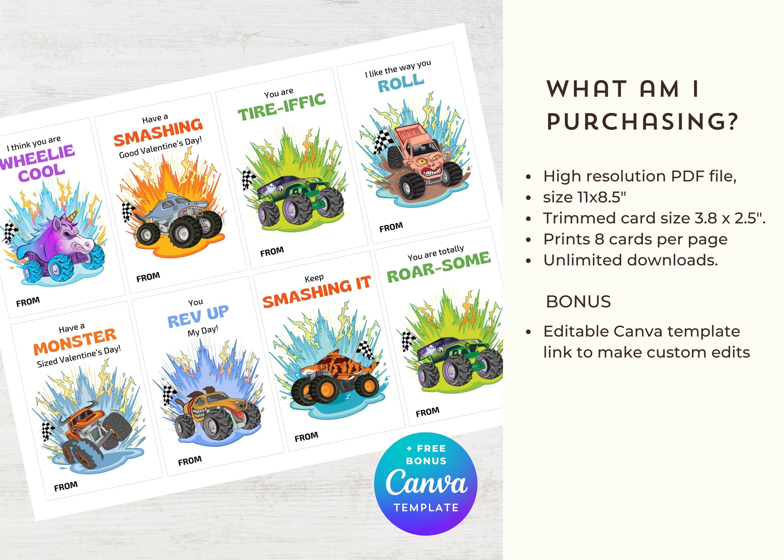 PRINTABLE Monster Truck Valentine's Day Cards, Kids Classroom Valentine ...