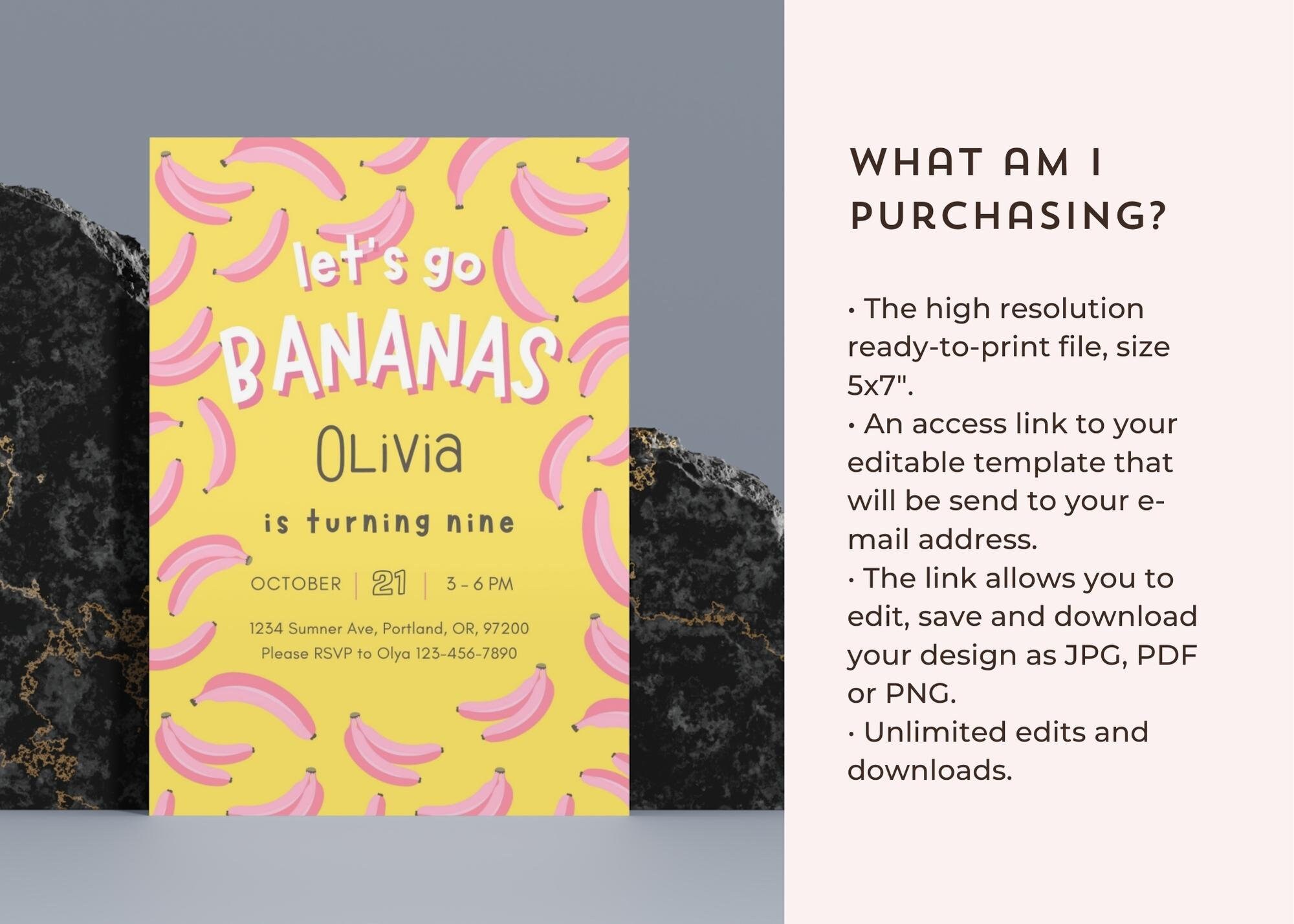 EDITABLE Let's Go Bananas Birthday Invitation, Funky Banana Theme ...