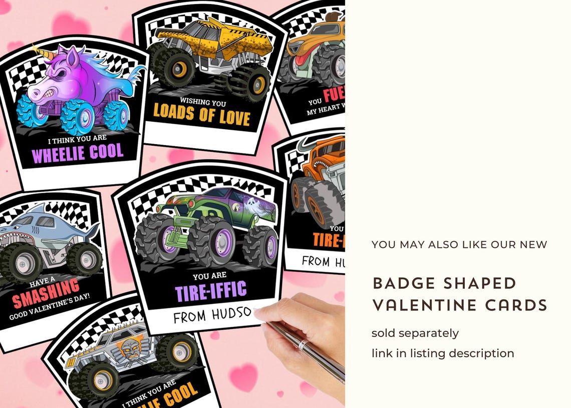 PRINTABLE Monster Truck Valentine's Day Cards, Kids Classroom Valentine ...