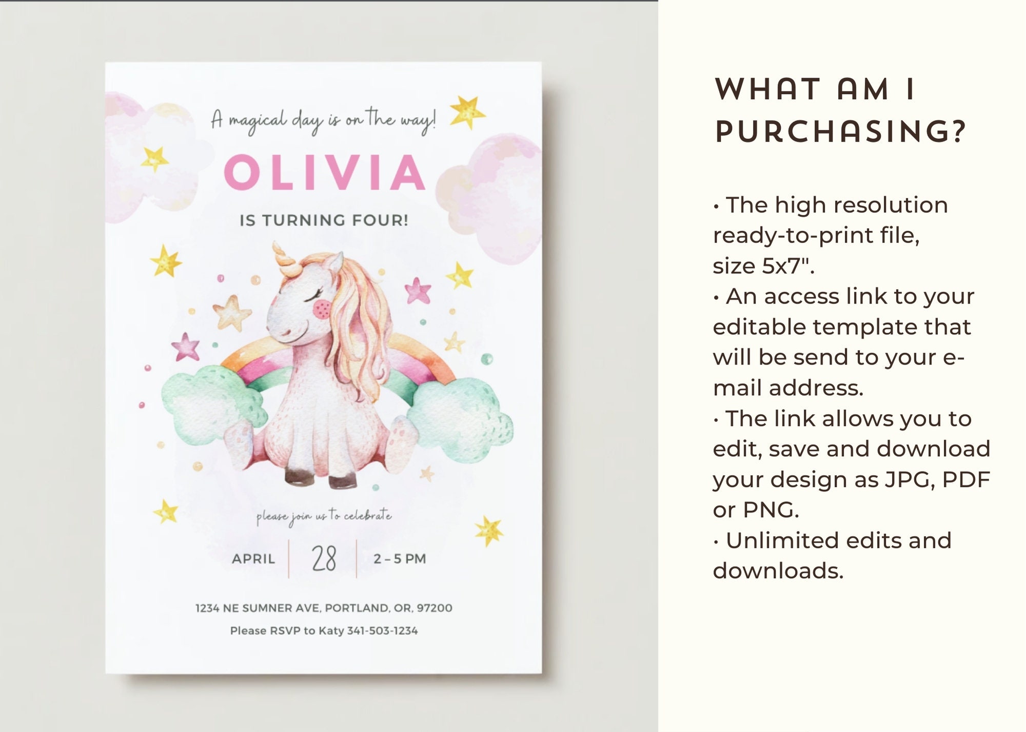 EDITABLE Unicorn Invitation Template, Magical Birthday, Modern Simple ...