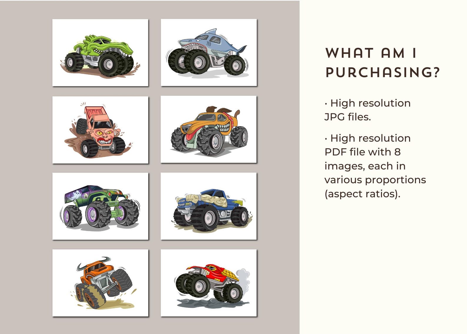 PRINTABLE Set of 8 Monster Trucks Posters, Greeting Cards, Art Print ...
