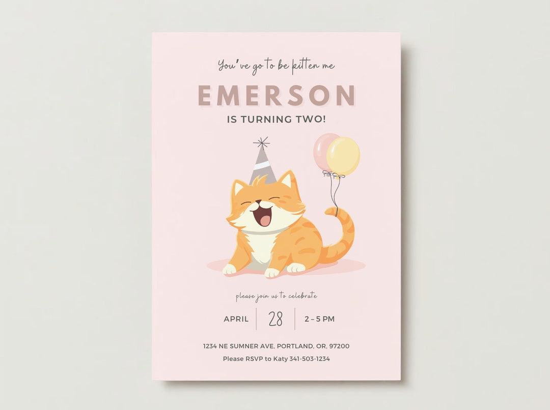 EDITABLE Kitty Orange Cat Invitation Template Cat Birthday - Etsy
