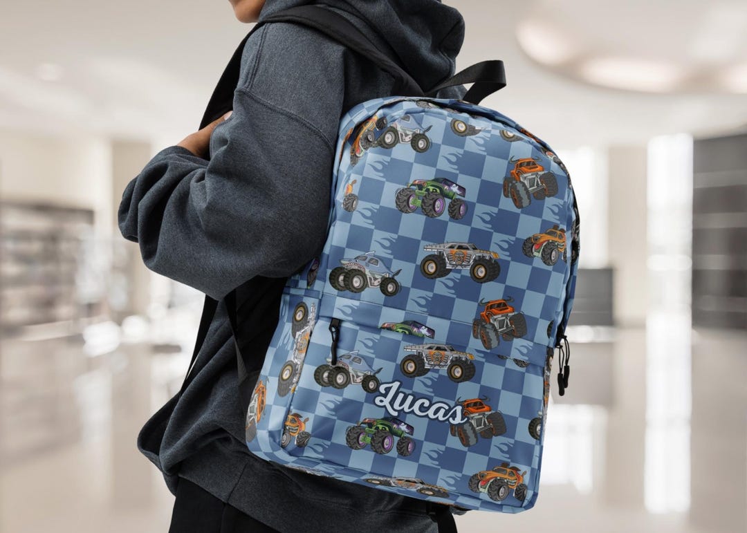 Custom Monster Trucks Backpack, Blue Checkered Monster Jam Backpack ...