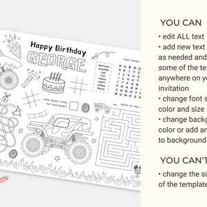 EDITABLE Monster Trucks Party Placemat, Boy Birthday, Monster Jam Games ...
