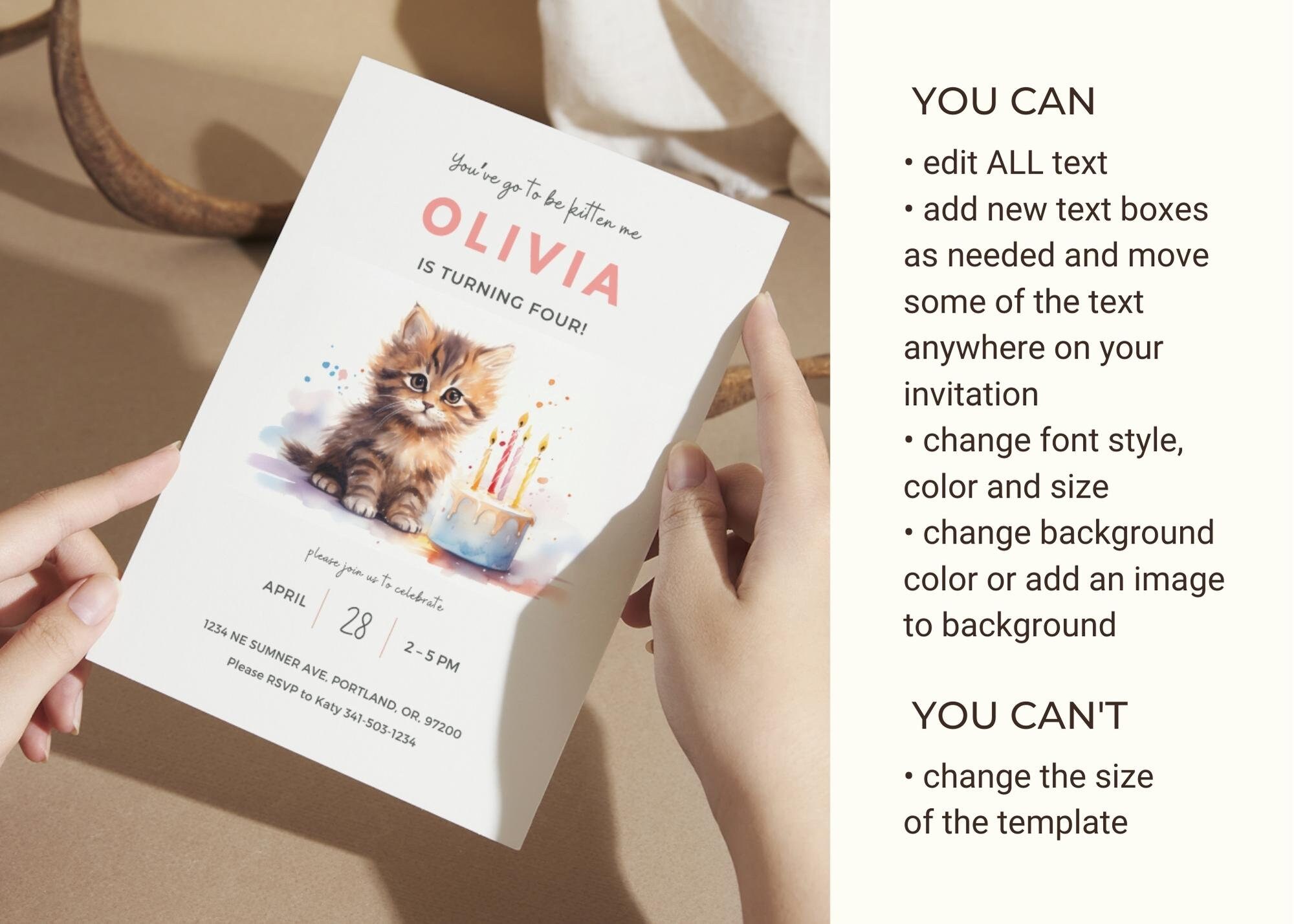 EDITABLE Cat Invitation, Cat Birthday Invite, Kitty Cat Birthday Party ...