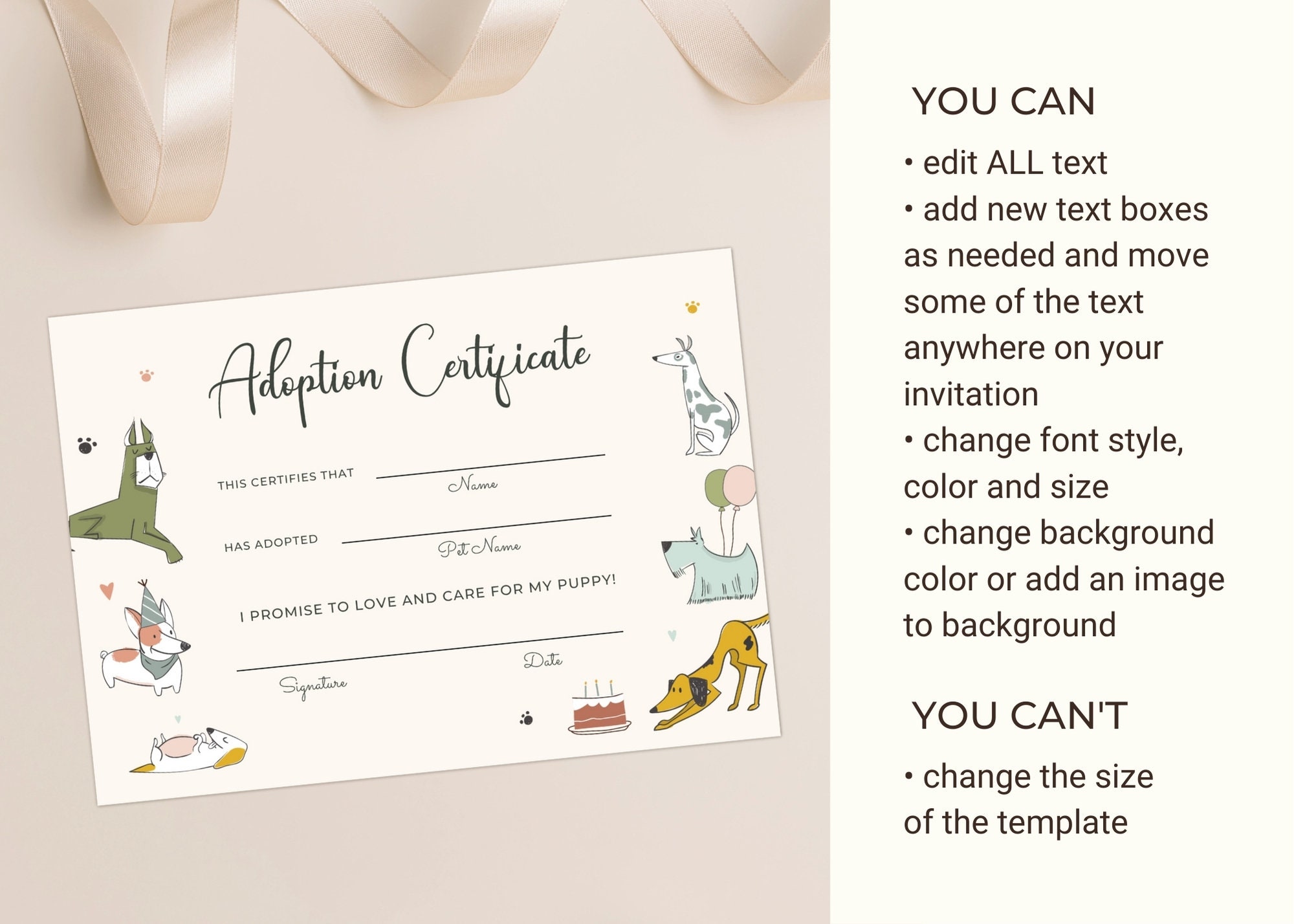 EDITABLE Adoption Certificate Template, Puppy Birthday Party, Dog Theme ...