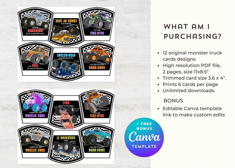 Printable Monster Truck Valentine's Day Cards, Kids Classroom Valentine ...