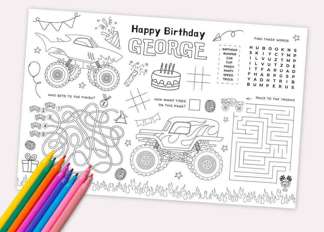 EDITABLE Monster Trucks Party Placemat, Boy Birthday, Monster Jam Games ...