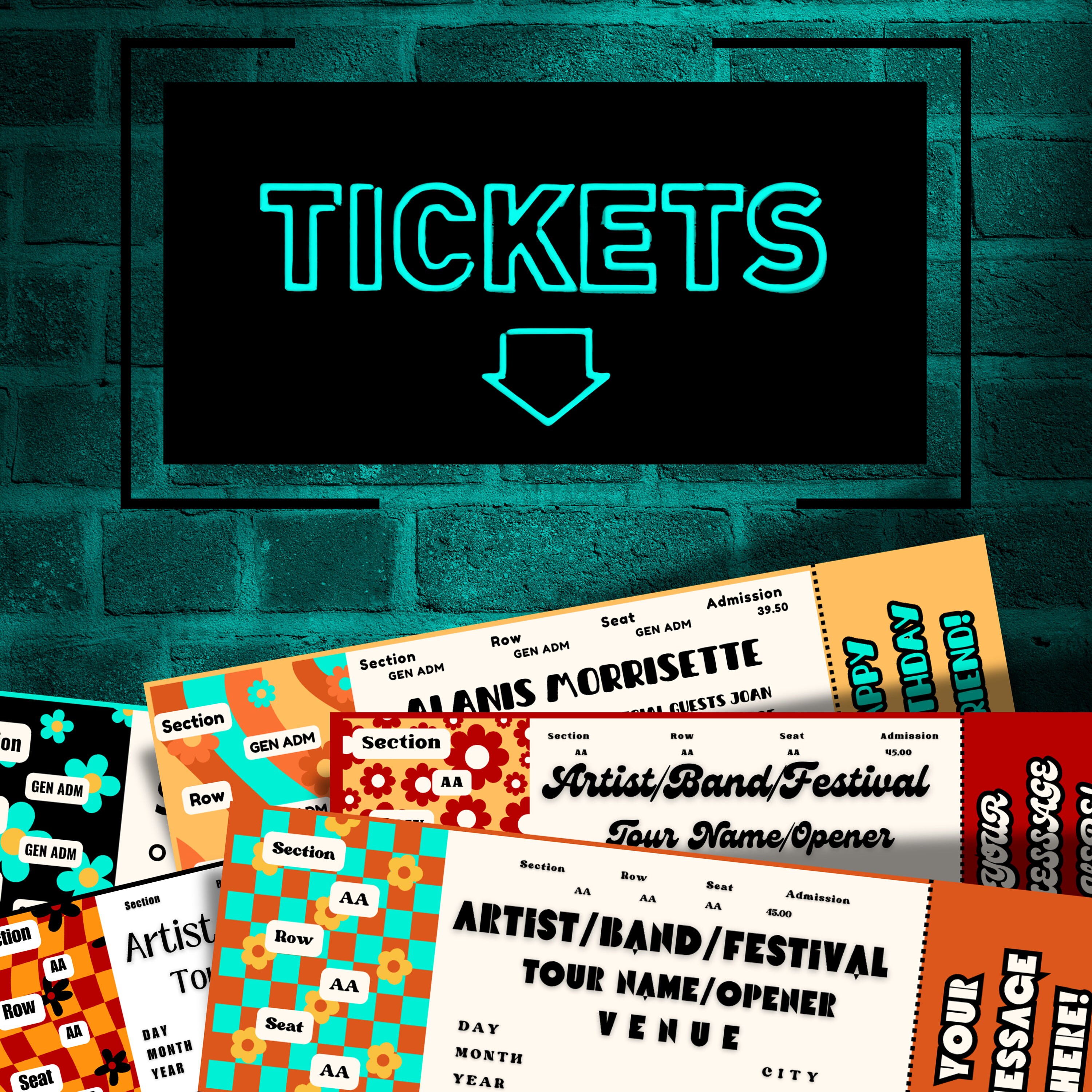 Custom Printable Concert Ticket Stub, Retro Flowers, Personalized ...