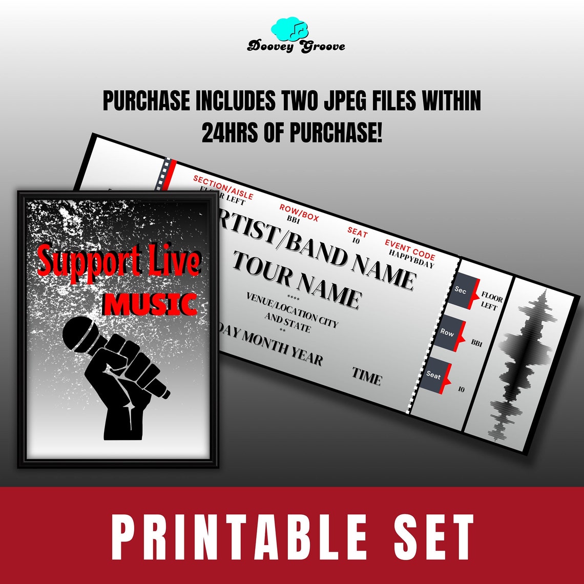 Printable Custom Concert Ticket and Support Live Music Poster Bundle ...