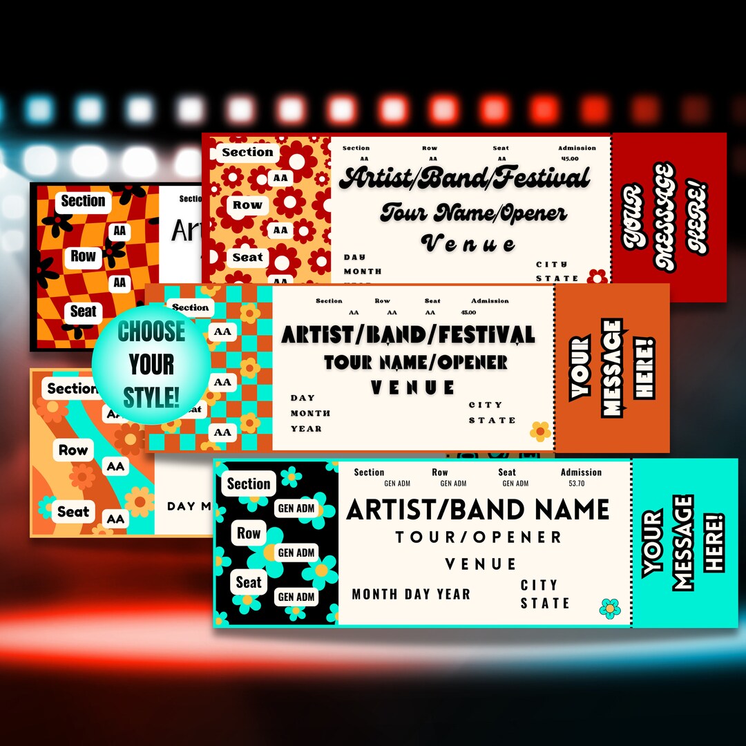 Custom Printable Concert Ticket Stub, Retro Flowers, Personalized ...