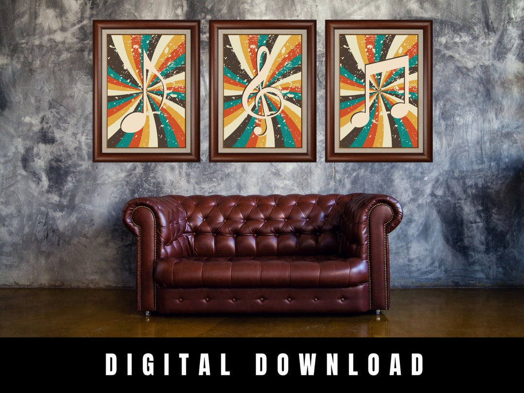 Retro Music Note Wall Art Printable Poster Set, Trendy Set of 3 Digital ...