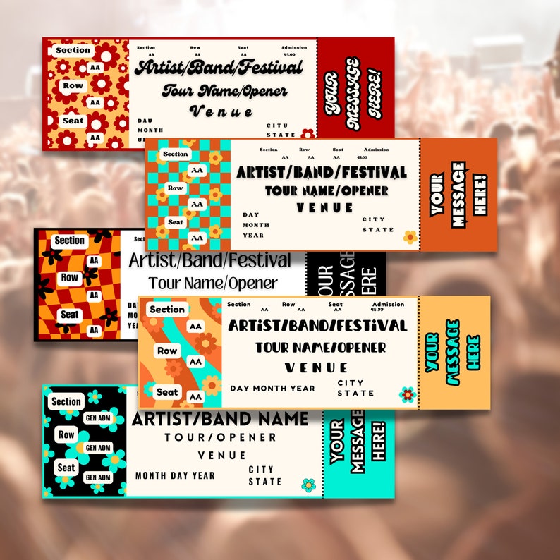 Custom Printable Concert Ticket Stub, Retro Flowers, Personalized ...