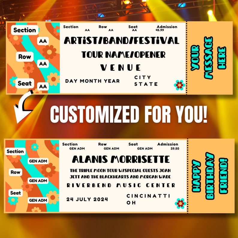 Custom Printable Concert Ticket Stub, Retro Flowers, Personalized ...