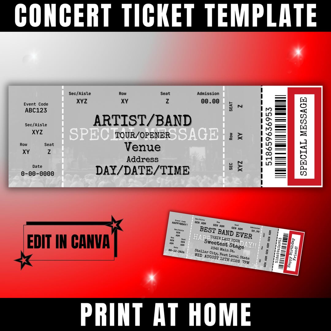 Editable Concert Ticket Template, Printable DIY Custom Ticket for Music ...