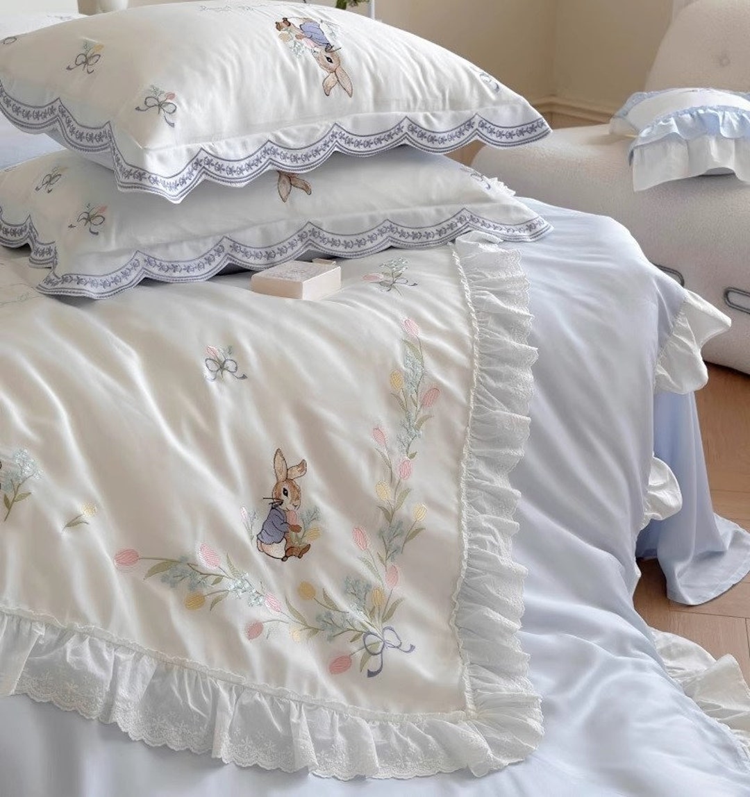 Cartoon Bunny Rabbit Embroidery Flower 100% Lyocell tencel Duvet Cover ...