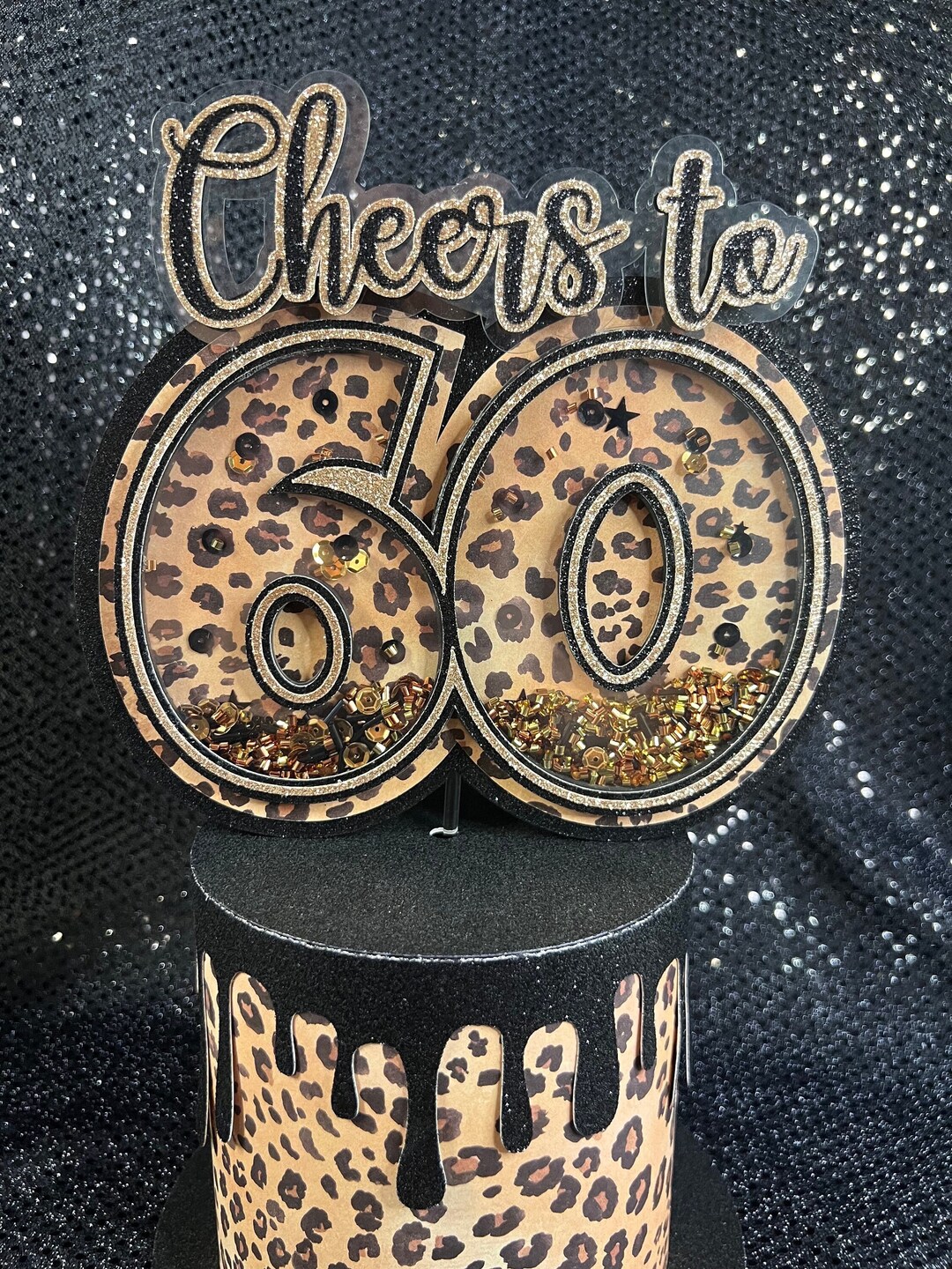Leopard Print, Black and Gold Cake Topper - Cheers to 60 - Custom Age ...